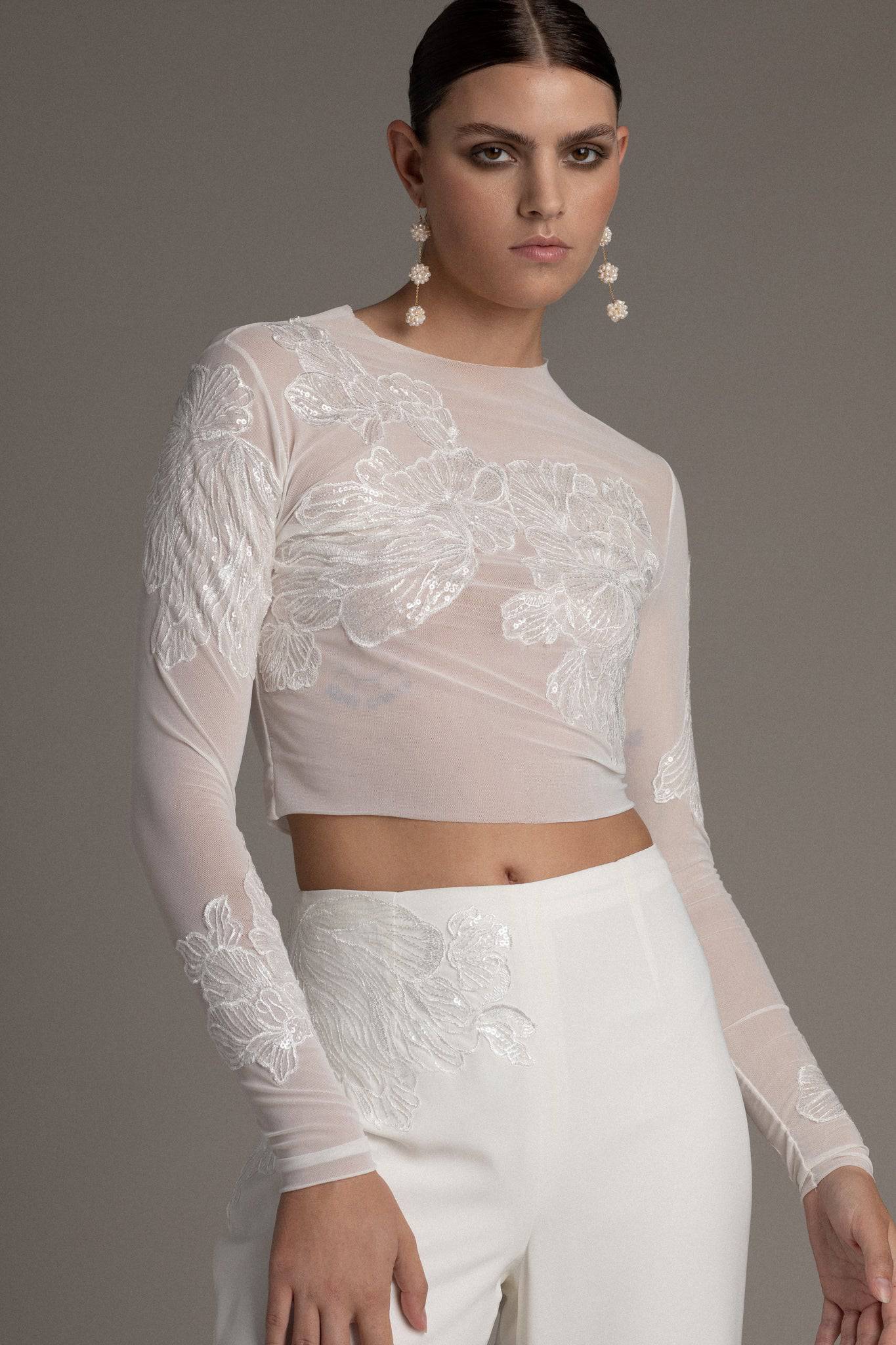 Long Sleeve French Lace Mesh Top | TEMPÊTE Bridal Fashion Brand